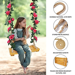 Premkid Wooden Swing, Swing Seat 18"x 8"x 1.4", Tree Swing for Adults and Kids, Indoor Swing with Rose Garland, Adjustable Hemp Rope Plus Tree Straps 100 inch, Swing Set for Indoor Outdoor