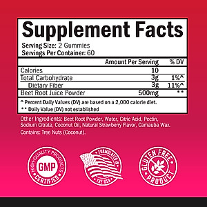 Sugar Free Beet Root Gummies - Nitric Oxide Beet Chews Infused with Coconut Oil for Highest Absorption - Supports Energy & Whole Body Health - Delicious Strawberry Flavor - 120 Count (60 Day Supply)