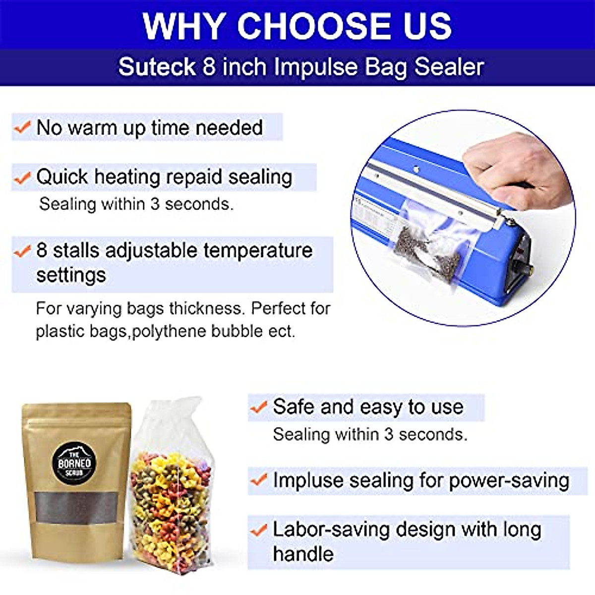 Suteck 8 inch Impulse Bag Sealer, Manual Poly Bag Sealing Machine w/Adjustable Timer Electric Heat Seal Closer with 50Pcs 4X6 Inch Shrink Wrap Bag and 2 Free Replacement Kit (Sapphire)