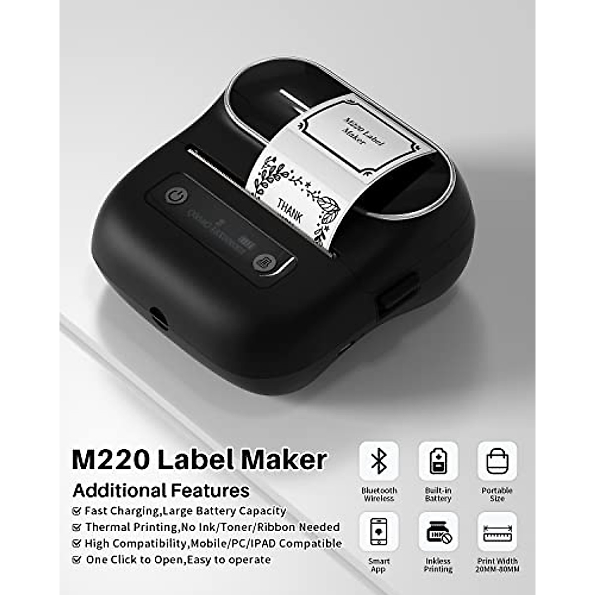 Itari M220 Label Maker 3 Inch Bluetooth Label Maker, Barcode Label Printer for Storage, Address, Mailing, Office, Home, Small Business, Compatible with iOS, Android and PC, with 1 Roll Label