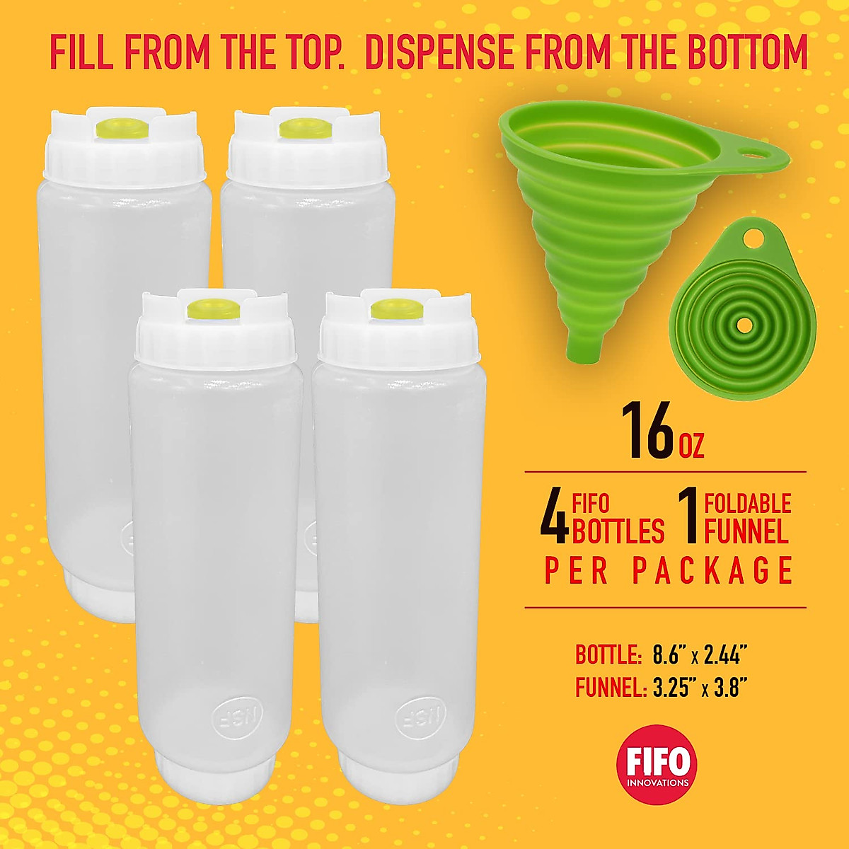 FIFO Squeeze Bottle Refillable (4 Pack) Yellow Dispenser for Most Condiments, Smooth Sauces, Ketchup, Mustard, BBQ and Dressing with Flexible Funnel