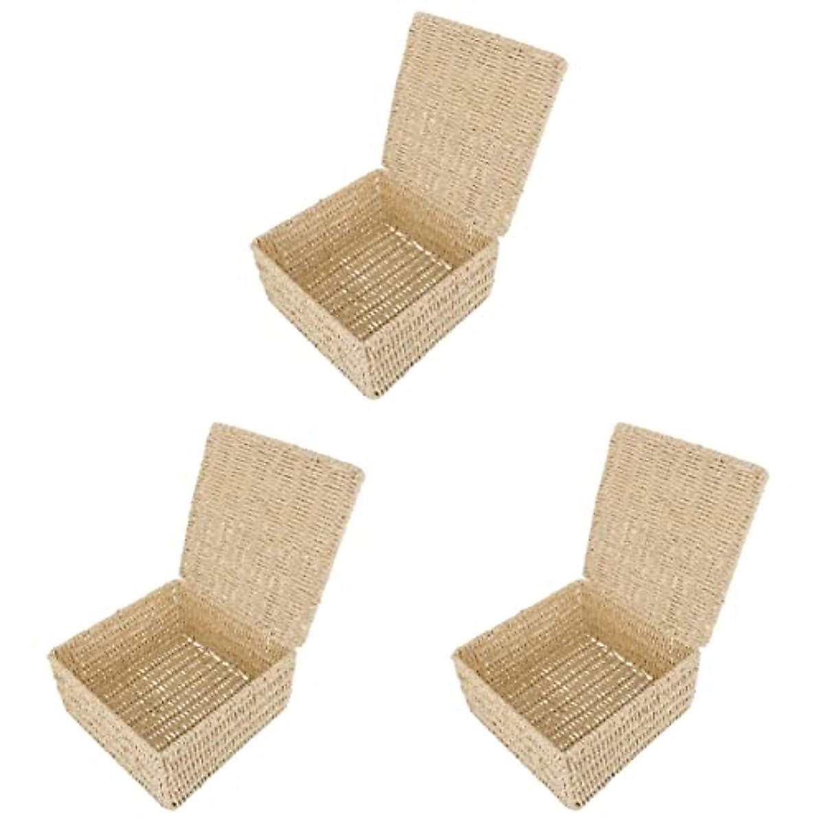 Cabilock 3pcs Drawer Bedroom Wicker Handwoven Vanity Bin Small Organizer Rattan Table Lid Gift Fruit Bathroom Laundry Bread Decorative Square Organizing Straw Flower Paper with Storage
