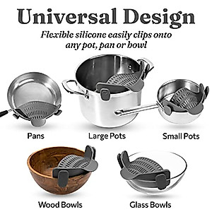 Kitchen Gizmo Snap N Strain Pot Strainer and Pasta Strainer - Adjustable Silicone Clip On Strainer for Pots, Pans, and Bowls - Kitchen Colander - Gray