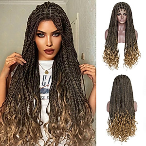 Ebingoo 34In Braided Lace Front Wig for Black Women +Wig Cap Double Lace Front Wig African American Knotless Box Braided Wig Lace Frontal Synthetic Lace Front Wigs for Black Women Dairly Wear