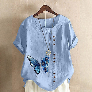 Cnebo Womens Loose Short Sleeve Short Sleeved Buttoned Shirt with Round Neck Printing T Shirt Tank Top Pocket Sleeve