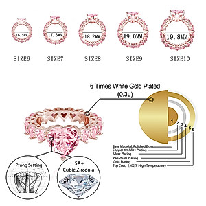 TOPGRILLZ Pink Heart Baguette Rings 14K Gold Silver Plated 5A+ Cubic Zirconia Iced Out Bling Promise Wedding Band Love Rings For Women Fashion(Rose Gold, 8)
