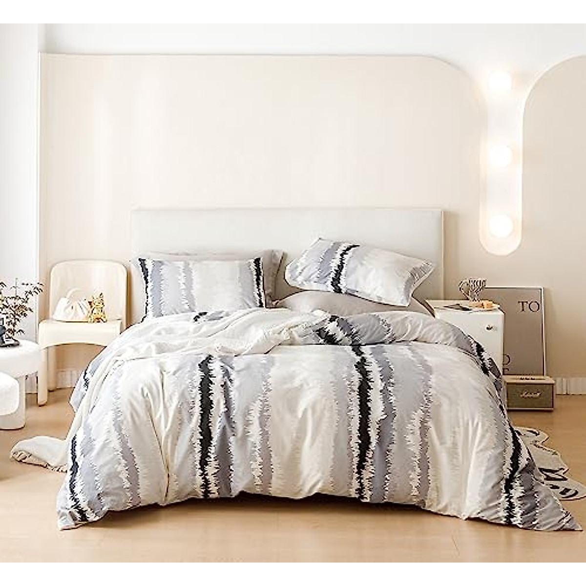 YuHeGuoJi Abstract Geometric Duvet Cover King 100% Cotton Gradient Striped Duvet Cover 3 Pcs Set 1 Black and White Stripe Duvet Cover with Zipper Ties 2 Pillowcases Neutral Wave Patterned Bedding