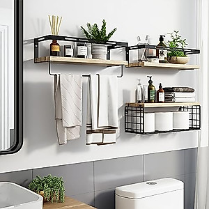 Fixwal 3+1 Tier Wall Mounted Floating Shelves with Metal Frame, Rustic Wood Bathroom Shelves Over Toilet with Wire Storage Basket and Towel Bar for Bathroom, Kitchen, Bedroom (Rustic Brown)- New