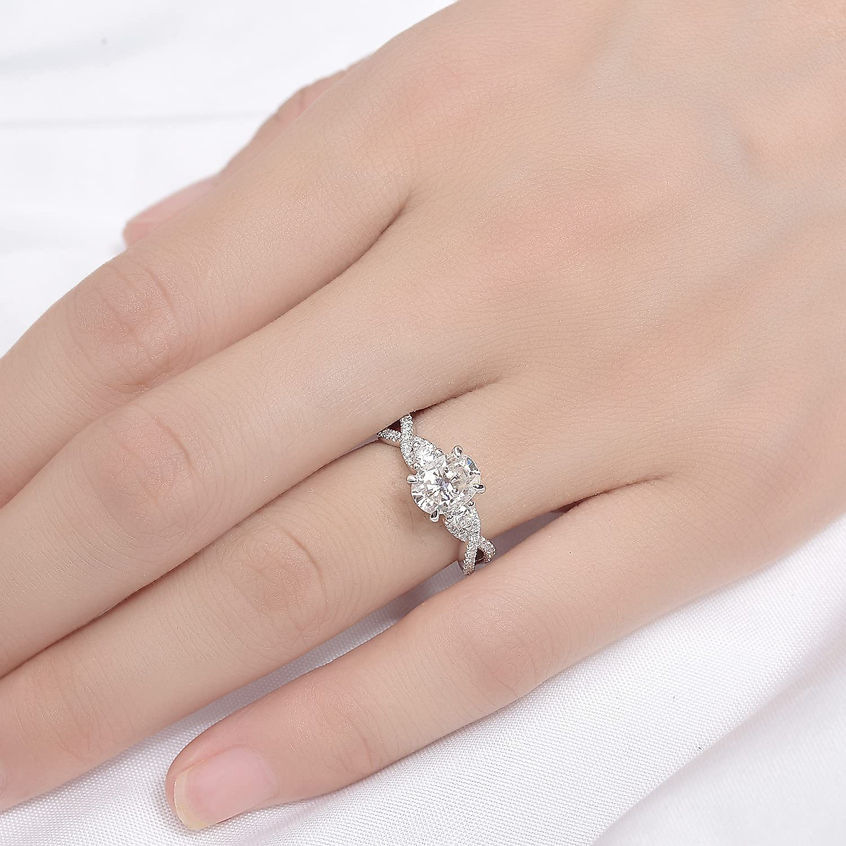 DovEggs Solid 14K White Gold 1.5ct Center 6X8mm G-H-I Color Elongated Oval Ice Crush Cut Moissanite Split Shank Engagement Ring with Accents for Women Band Width 2.1mm, white gold, Moissanite