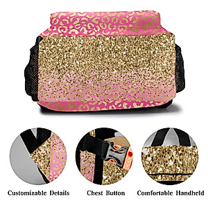 Urcustom Custom Kid Backpack, Glitter Gold Leopard Personalized Name School Bookbag, Customization Casual Bookbags for Student Girls Boys