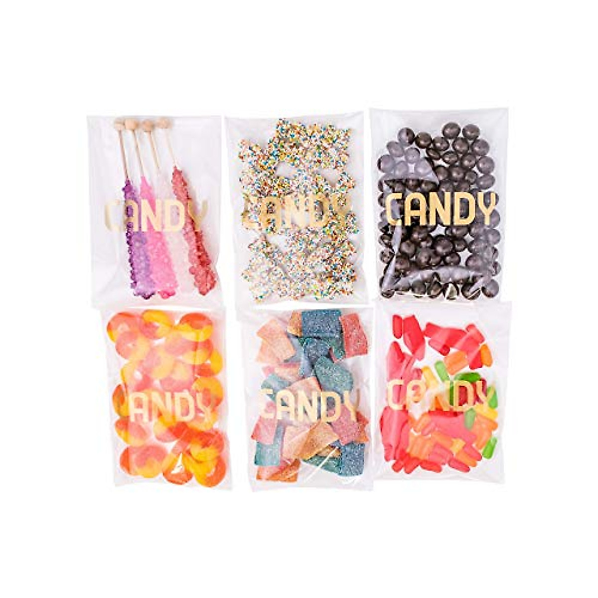 Sweet Details Party Co. Cellophane 'Candy' Bags (100 Pack) Gold & Clear Goodie Bags for Candy Bar & Buffet Gifts- Wedding/Birthday Party Favor Bags- Self-Sealing & Resealable Adhesive - NO Ties!