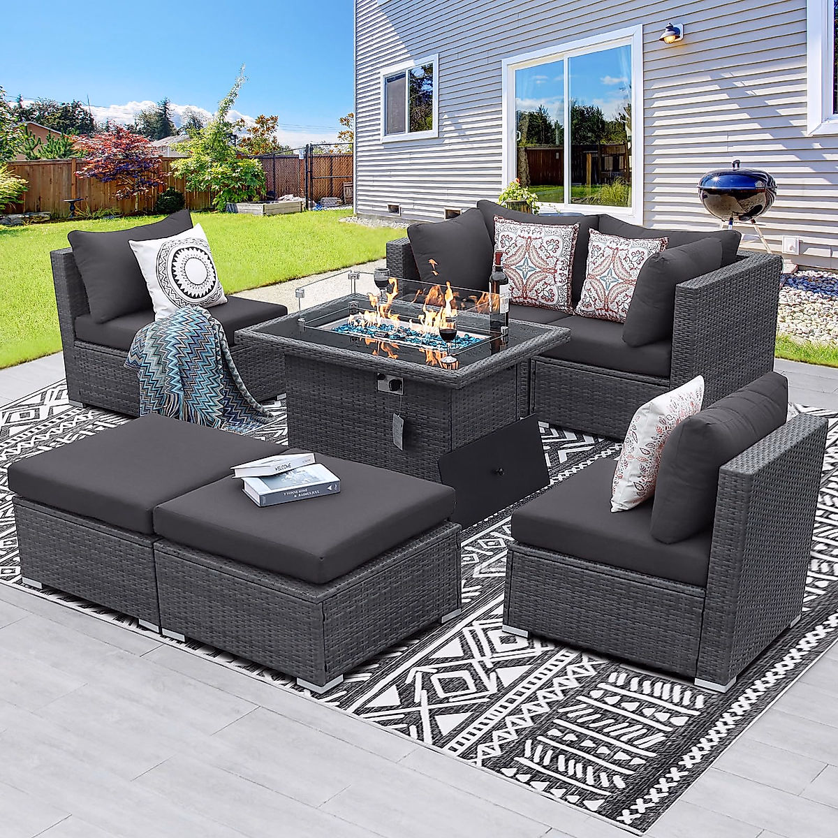 BULEXYARD Grey PE Wicker Patio Furniture Sectional Conversation Sofa Set with 43" Propane/Natural Gas Fire Pit Table, Large Size High Back Outdoor Furniture Set with Fireplace(7Pcs, Dark Grey)