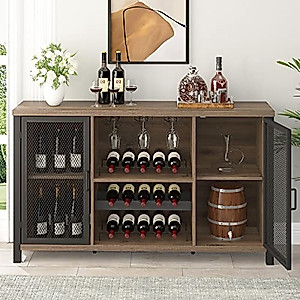IBF Industrial Wine Bar Cabinet, Coffee Bar Cabinet for Liquor and Glasses, Farmhouse Liquor Cabinet with Storage Rack, Sidebaord Buffet Cabinet for Home Kitchen Dining Living Room, Rustic Oak, 55 in