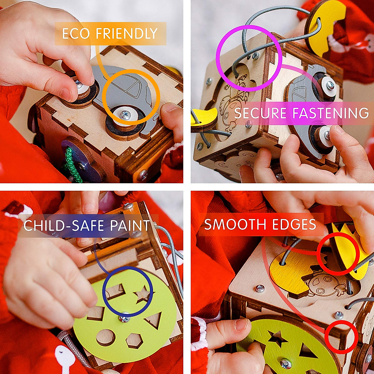 Wooden Activity Cube for Toddlers 1-3 Year 6in1 Car Lacing Beads Puzzles - 3.15 х 3.15 h - Sensory Busy Board – Travel Plane Handmade Fidget Toys – Baby Kids Montessori Activities