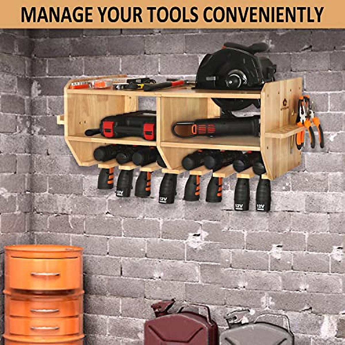 simesove Large Power Tool Organizer,Cordless Drill Holder Storage with 9 Tool Organizer Slots,Wall Mount Screwdriver and Circular Saw Storage,Solid Wooden Drill Charging Station for Garage,Father's Day Gifts