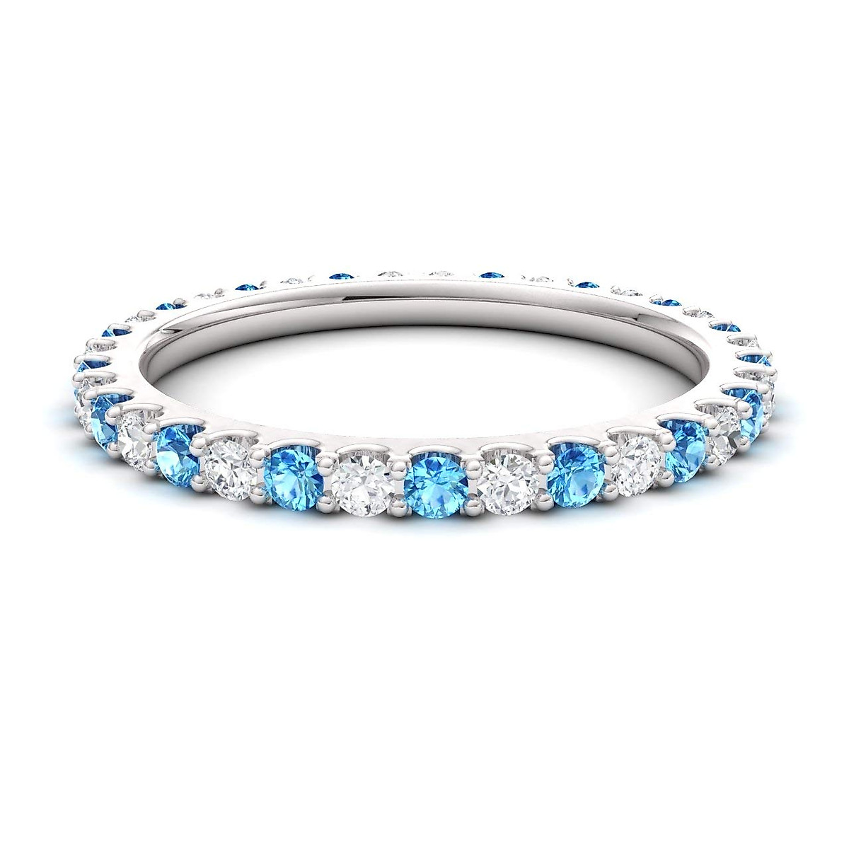 Diamondere Natural and Certified Blue Topaz and Diamond Wedding Ring in 10K White Gold | 0.94 Carat Full Eternity Stackable Band for Women, US Size 6