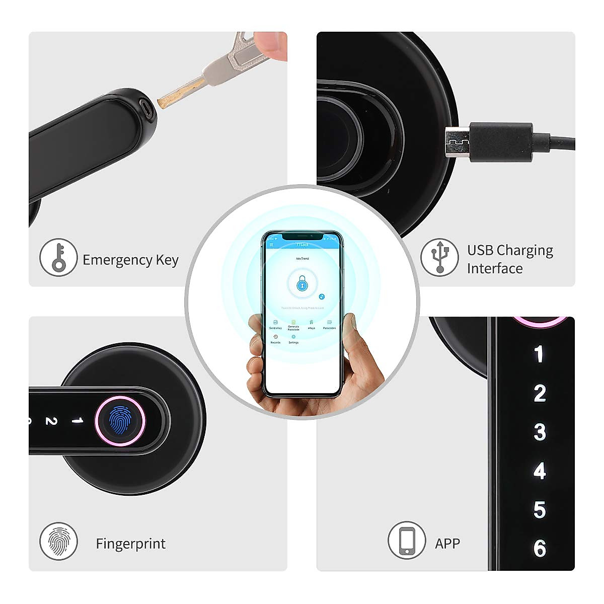 Laxre Fingerprint Smart Lock,Touchscreen Room Door Lock, Phone App Digital Lever Lock, Bluetooth Door knob,Keyless Entry Front Door Lock with keypad, USB Charging for Home&Hotel&Office&Interior Door…