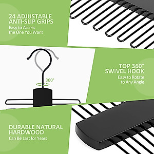 Upgraded Tie Rack Hanger for Closet with 24 Metal Hooks, Space Saving Necktie Organizer for Men, Sturdy Wooden Large Capacity Tie Holder, Closet Organizers and Storage, Black