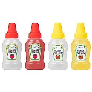 LARATH 4 Pieces Mini Tomato Ketchup Bottle Portable Plastic Squeeze Squirt Condiment Bottles Honey Mustard Sauce Salad Dressing Container for Bento Box, 2 Colors