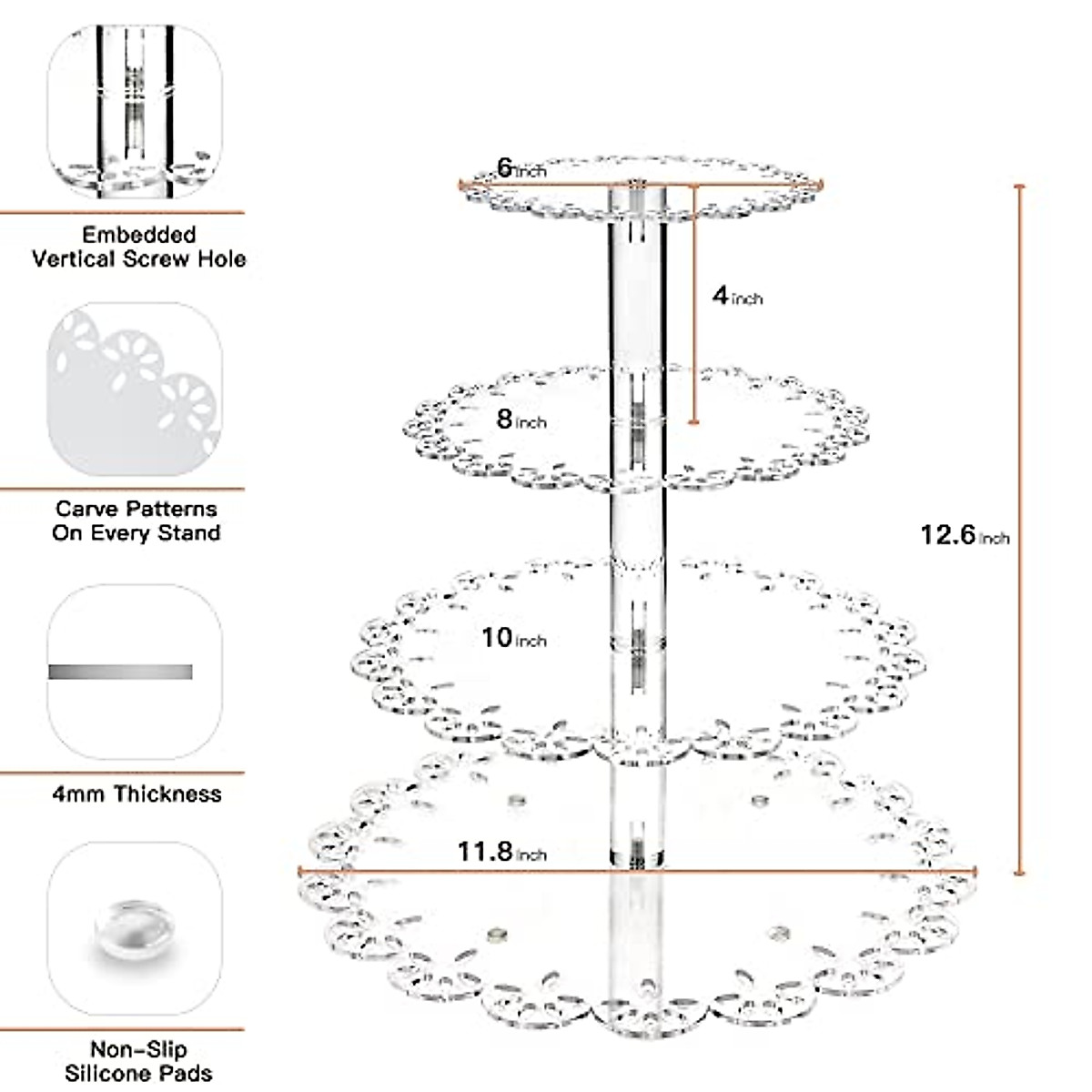 Sibeauty Cupcake Stand 4 Tier Round Acrylic Cupcake Display Stand with LED String Lights Cupcake Holder Stand Dessert Pastry Tower for Wedding Birthday Party