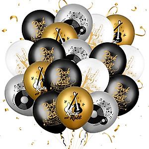 50Pcs Rock and Roll Music Balloons Black Gold Hip Hop Party Decorations Balloons Retro Guitar Music Themed Latex Balloon for Men Women Rock 80's 90's Birthday Rock Star Disco Party Supplies