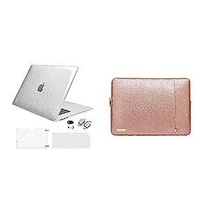 MOSISO PU Leather Laptop Sleeve&Compatible with MacBook Air 15 inch Case 2023 A2941, Sparkly Glitter Hard Shell&Keyboard Cover&Screen Protector&Webcam Cover&Type C Adapter 2 Pack,Transparent&Rose Gold