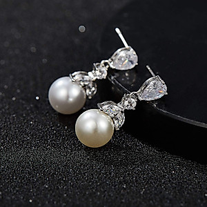 SWEETV Cubic Zirconia Pearl Drop Wedding Earrings for Brides, Ivory Camellia Bridal Pearl Earrings for Bridesmaid Jewelry Gift