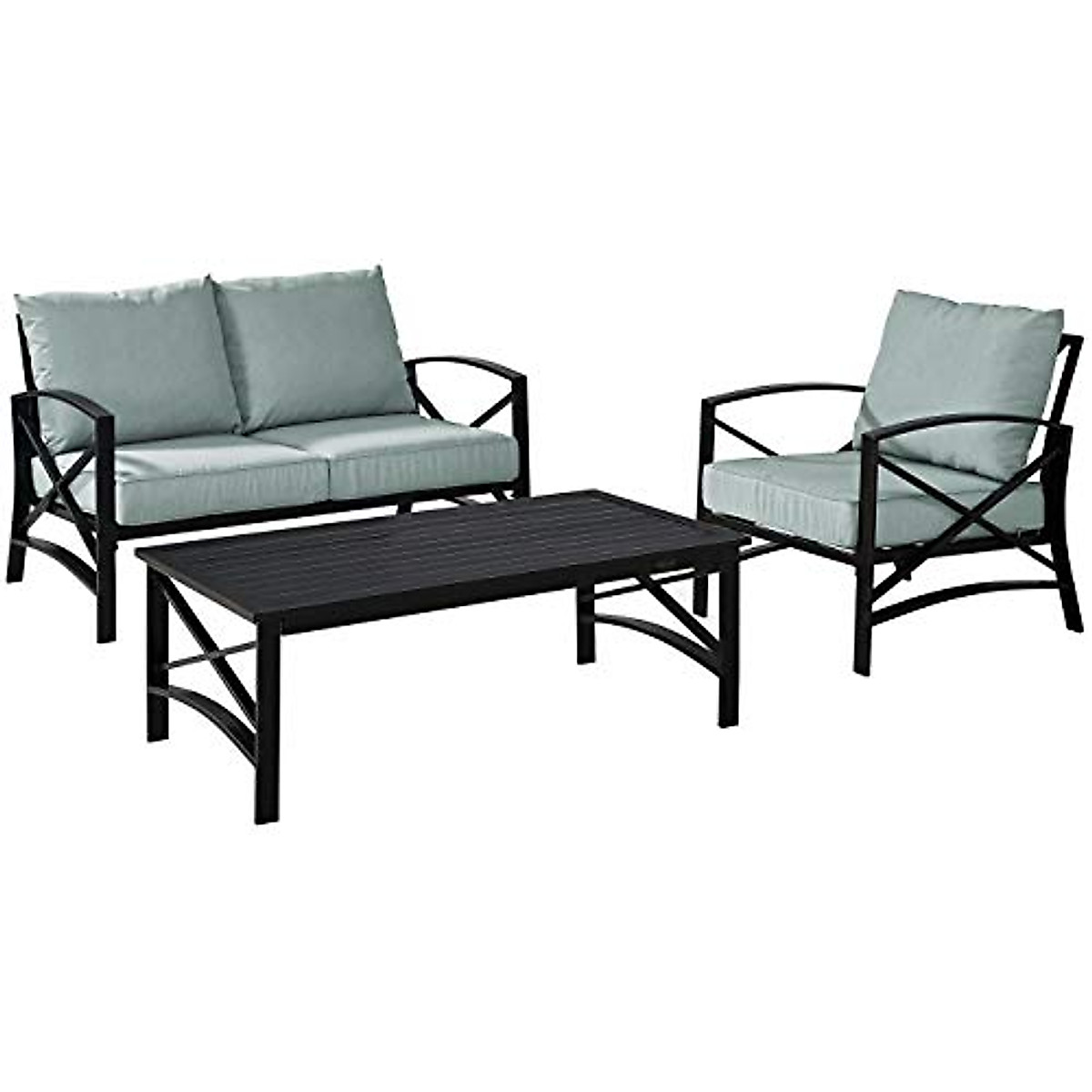 Crosley Furniture Kaplan 3-Piece Outdoor Loveseat Patio Furniture Set, Conversation Sets for Porch, Deck, Oiled Bronze with Mist Cushions