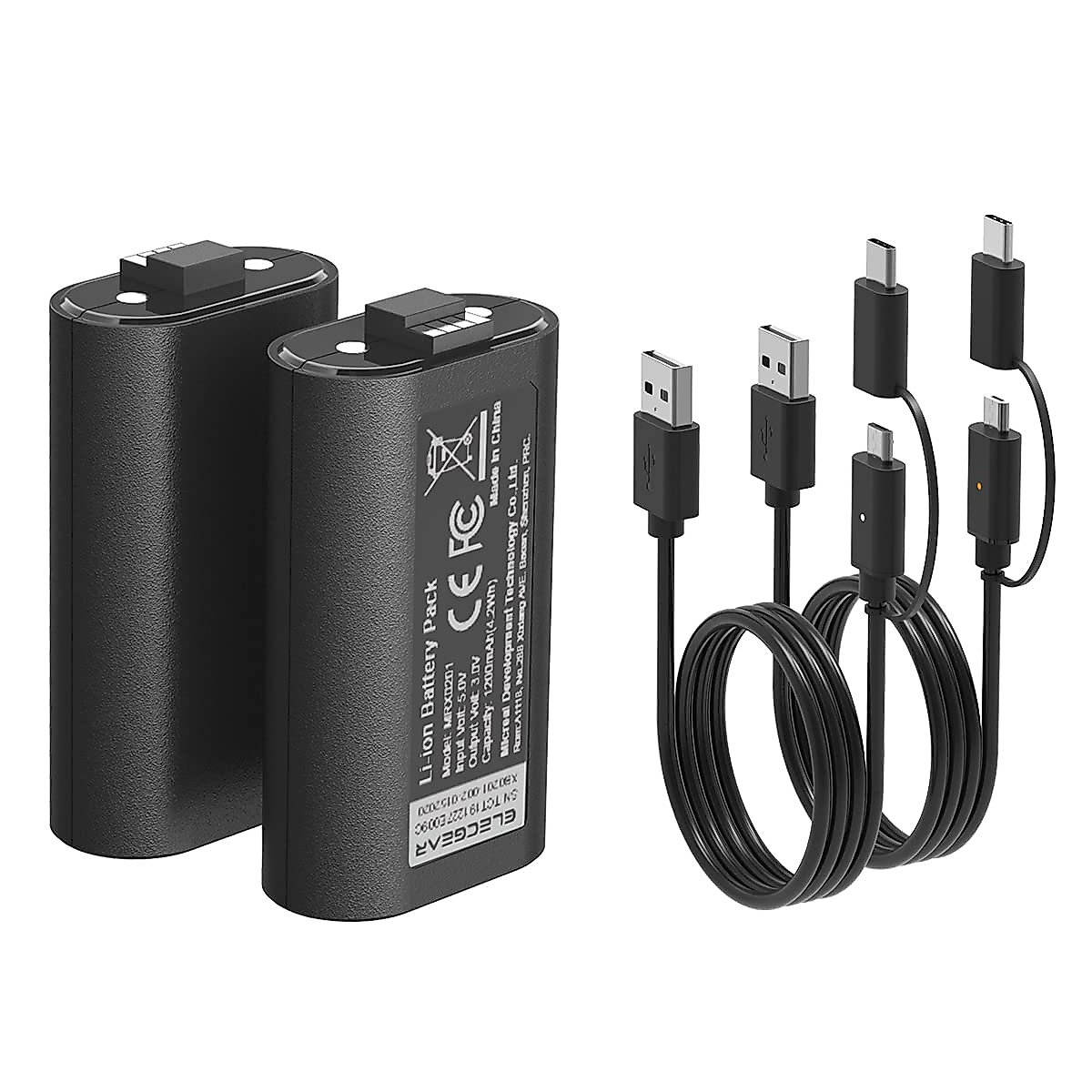ElecGear Lithium ion Battery Pack for Xbox Wireless Controller, 2X 1200mAh Li-ion Rechargeable Battery for Xbox Series X/S, Xbox One Video Game Controller with 2X Play and Charge USB Cable