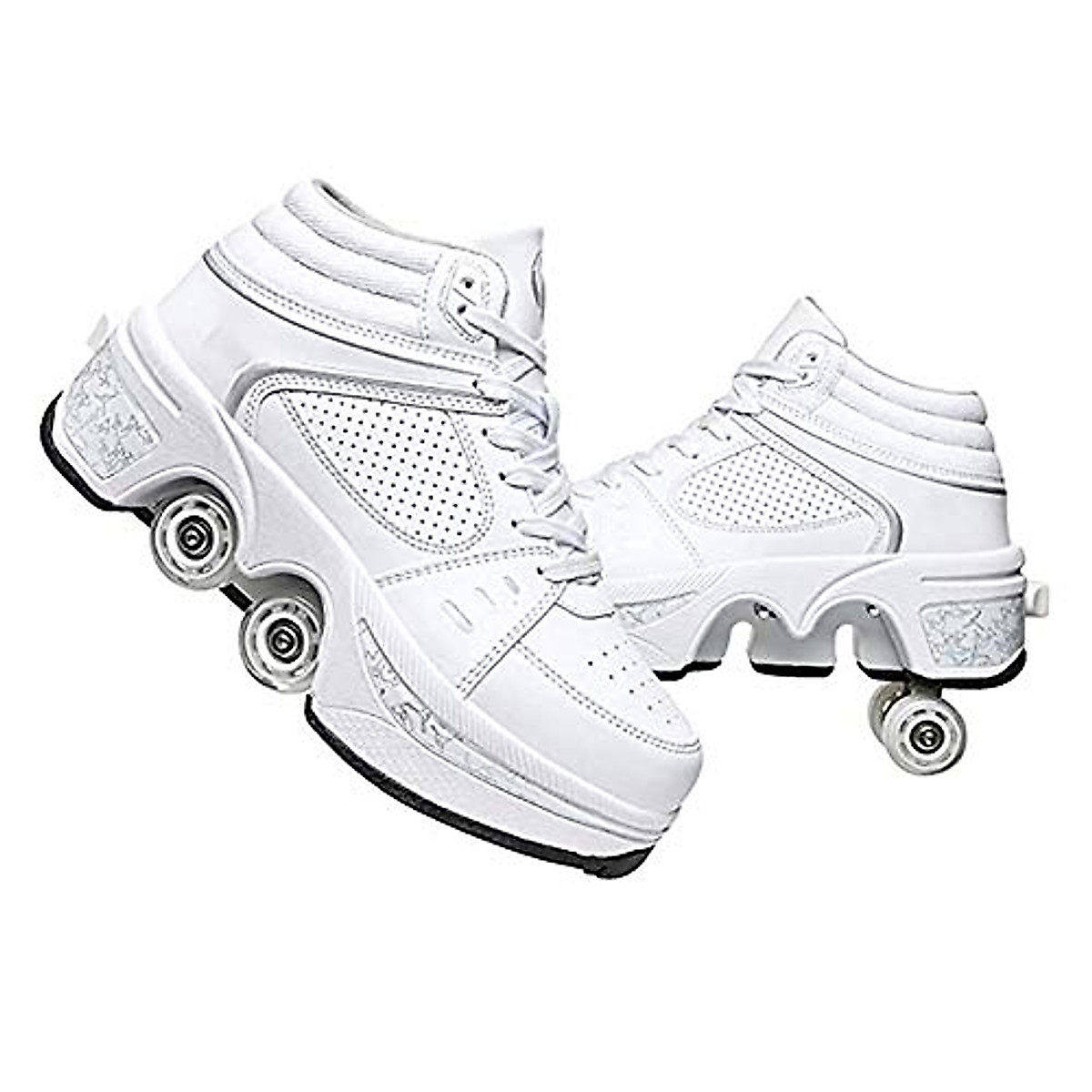 Double-Row Deform Wheel Automatic Walking Shoes Invisible Deformation Roller Skate 2 in 1 Removable Pulley Skates Skating Rollerskates Outdoor Parkour Shoes with Wheels for Girls Boys,White high,US 6