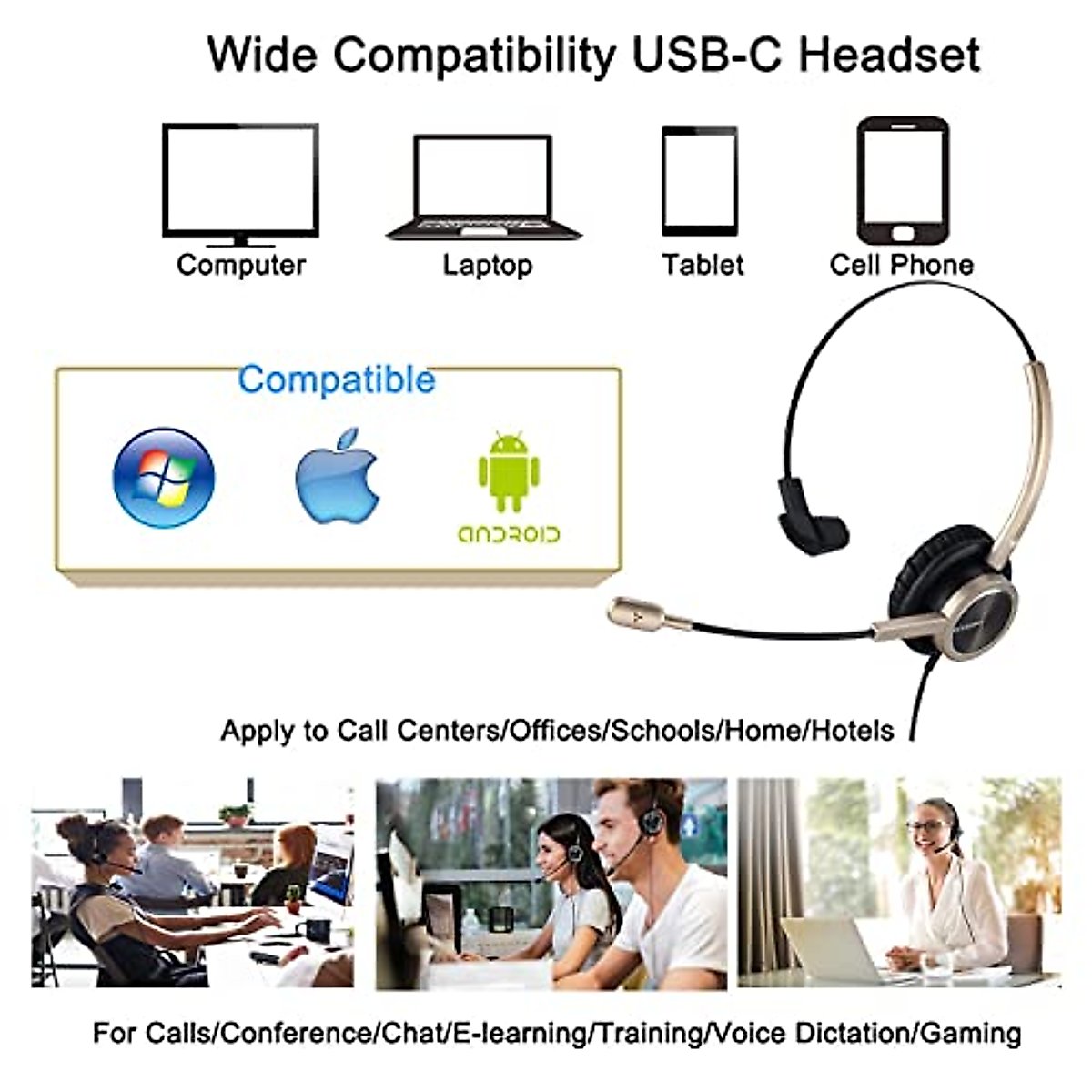 EMAIKER USB Type C Headphone with Microphone, One Ear USB C Headset USB-C with Noise Cancelling Microphone with Mic Mute, Compatible with Laptop, and Mobiles Samsung,Google Pixel