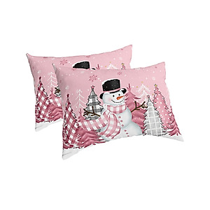 Edwiinsa Blush Pink Snowman Pillow Covers King Standard Set of 2 Bed Pillow, Plush Soft Comfort for Hair/Skin Cooling Pillowcases with Envelop Closure 20x36 Inches Christmas Dot Plaid Tree