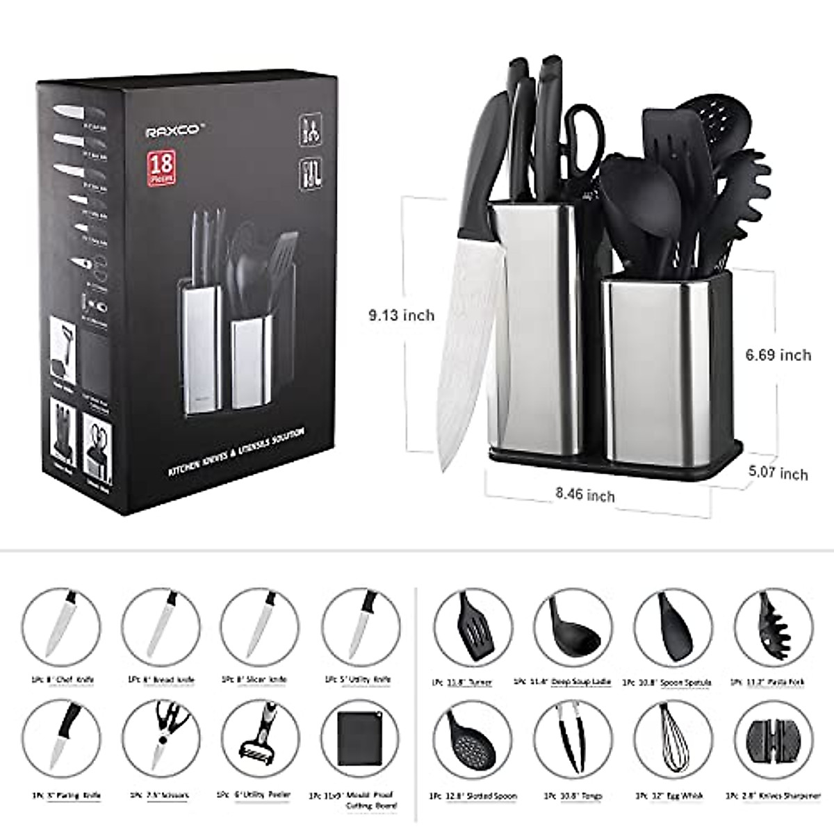 Kitchen Utensils Set, 7 Pieces Silicone Cooking Utensils Set+5-Pieces Stainless Steel Knife Set+6-Pieces Kitchen gadgets(18-in-1)