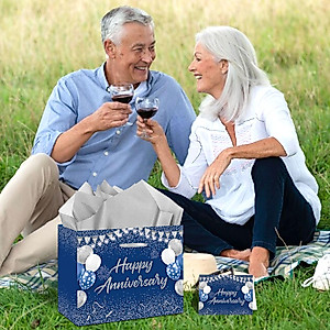 Blue Silver Anniversary Party Gift Bag with Tissue Papers and Card, Wedding Anniversary Paper Gift Wrapping Paper Bag11.8'' for Men Women Anniversary Party, Wedding Anniversary Party Supplies
