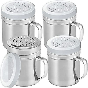 CUSINIUM 10oz Stainless Steel Salt Pepper Dredge Shakers - With Plastic Cap - With Handle - Pack of 4