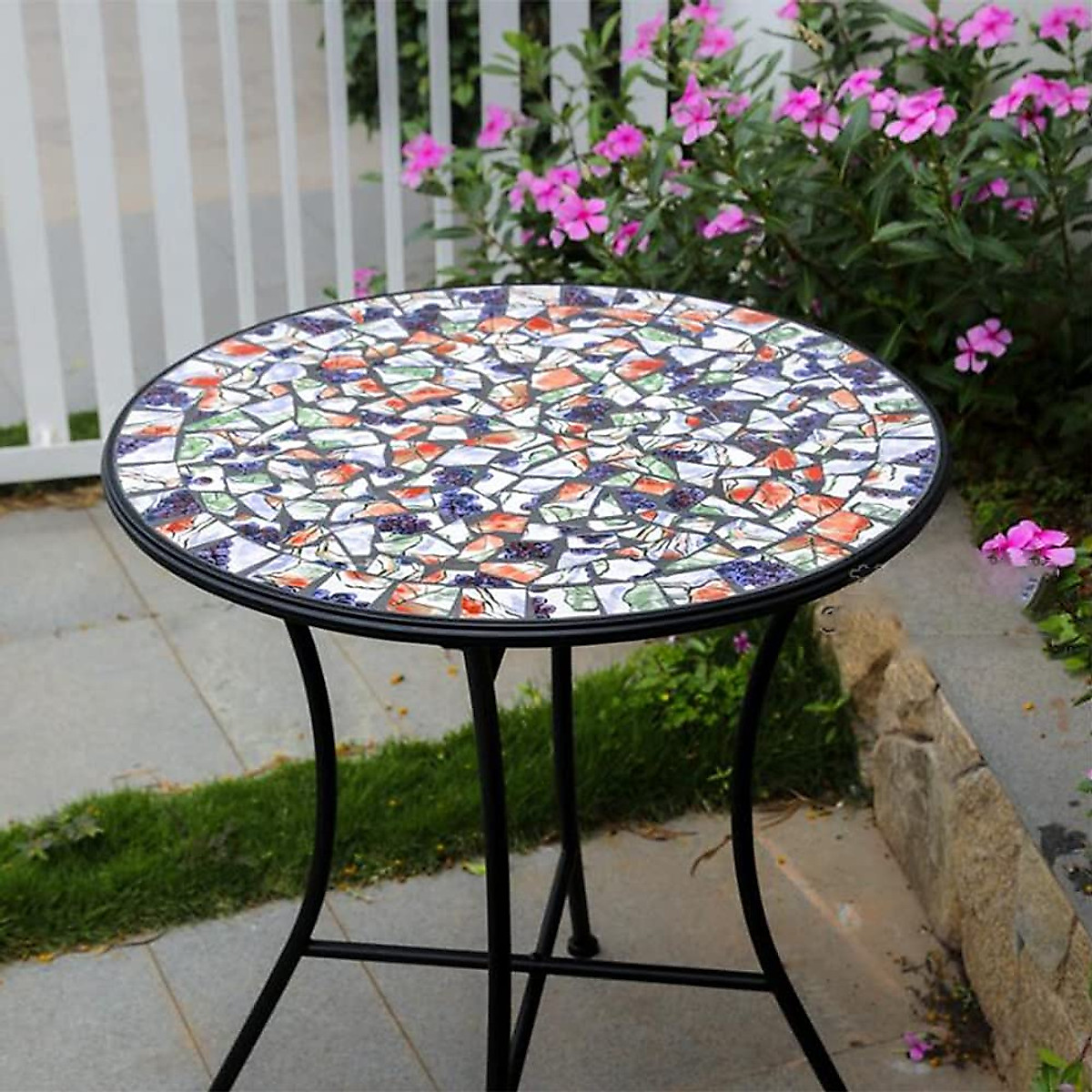 XIAOLIN Mosaic Drinks Side Table | Plant Tables Stand Outdoor Accent Table Garden Patio Tile Mosaic Inlay Top | Balcony Round Coffee Table