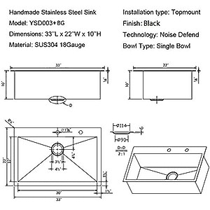 Friho 33"x 22" Inch 18 Gauge Commercial Large Topmount Drop in Single Bowl Basin Handmade SUS304 Stainless Steel Kitchen Sink, Black Kitchen Sinks with Basket Strainer and Dish Grid