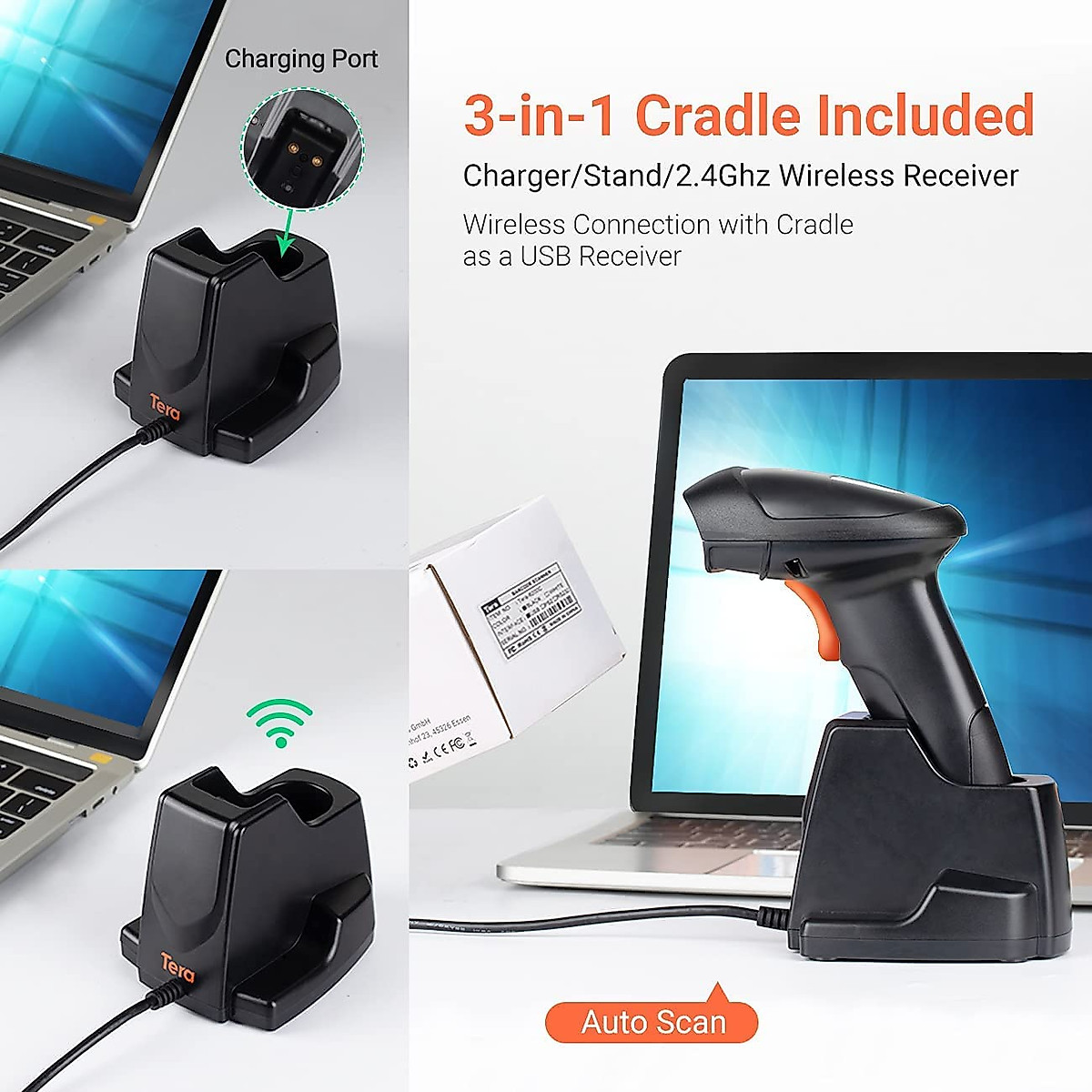 Tera 1D Wireless Barcode Scanner USB Cradle Charging Base Handheld Laser Bar Code Reader 1D Automatic Sensing Fast and Precise Scanner Model 6100