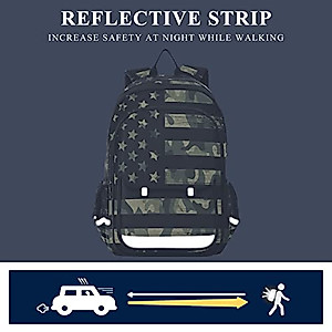 Vnurnrn Kids Backpack American Flag with Green Camo Print Big Storage Multi Pockets 17.7 IN School Backpack with Chest Buckle Reflective Strip for Boys Girls 6+ years in Primary Middle High School