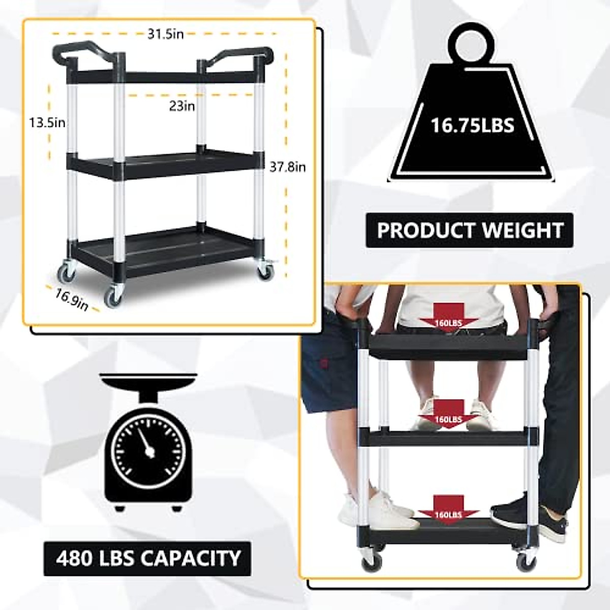 PELOEMNS Plastic Utility Carts with Wheels, Heavy Duty 480lbs Capacity Rolling Service Cart, 3-Tier Restaurant Food Cart with Hammer for Office, Warehouse, Garage (Lockable Wheels, Black)