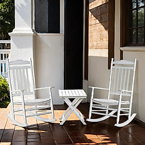 BplusZ Outdoor Patio Wooden Rocking Chairs Small Folding Side Table Set 3 Piece Furniture, 2 Rockers and 1 Foldable End Table, Porch Bistro Balcony, White
