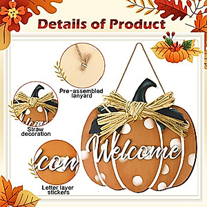 Shellwei Fall Pumpkin Welcome Sign for Front Door Wood Pumpkin Hanging Decor Thanksgiving Wooden Hanger Decorations for Autumn Harvest Farmhouse Home Decor