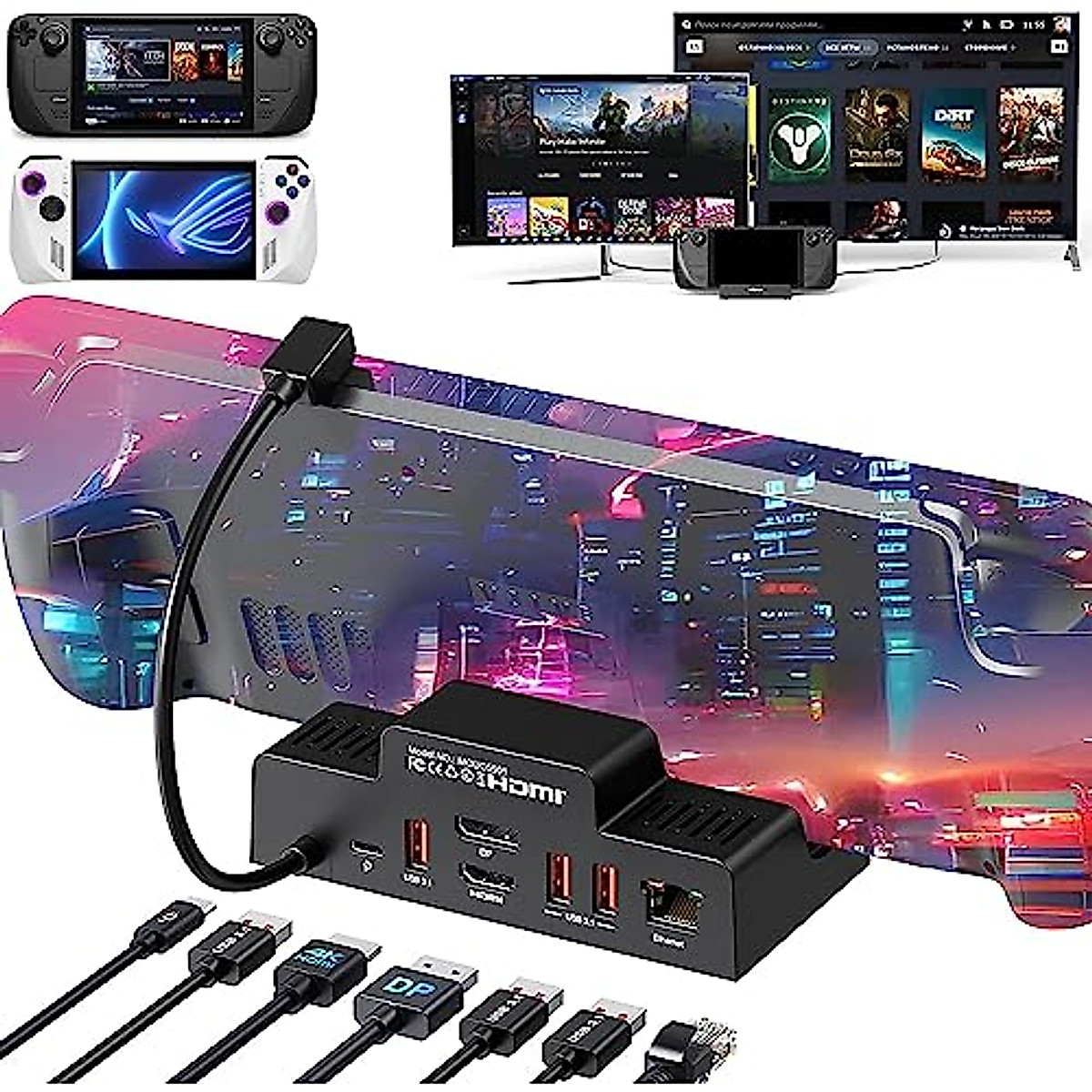 Dual Monitor Docking Station for Steam Deck & ROG Ally, Steam Deck Dock and ROG Ally Dock with 4K 60Hz HDMI & DisplayPort, Gigabit Ethernet, 3*USB3.1 10Gbps Data Port, PD 3.0 Charging Port