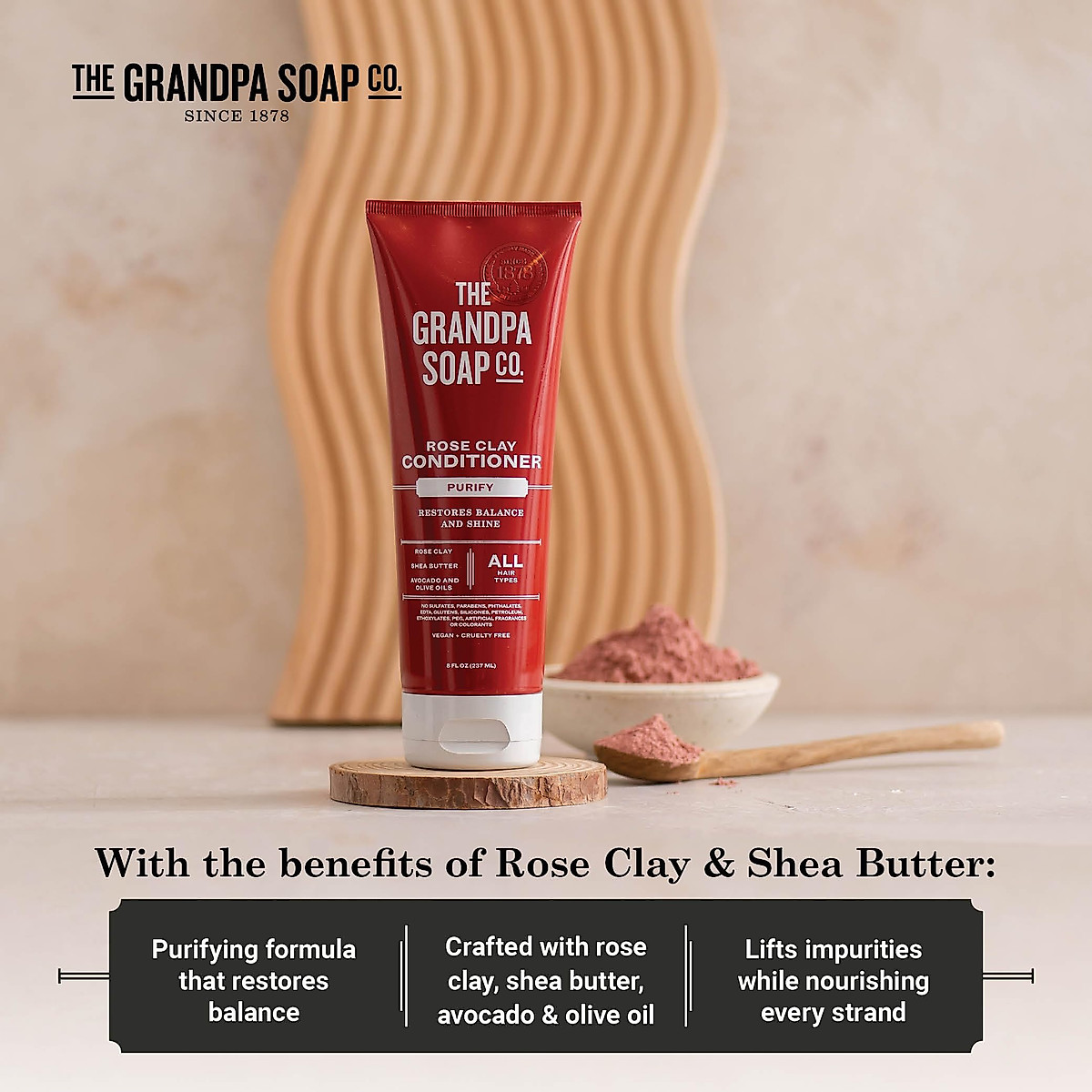 Grandpa's The Soap Company Purifying Rose Clay Conditioner - Lift Impurities While Nourishing Hair, With Rose Clay, Shea Butter & Avocado Oil, Vegan, Sulfates and Parabens Free, 8 Fl Oz