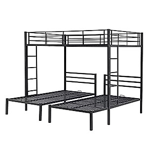 GLORHOME Meta L Shaped Triple Bed, Solid Full Over Twin&Twin Bunk Bedframe with Built-in Shelf and 2 Ladders for 3 Kids Teens