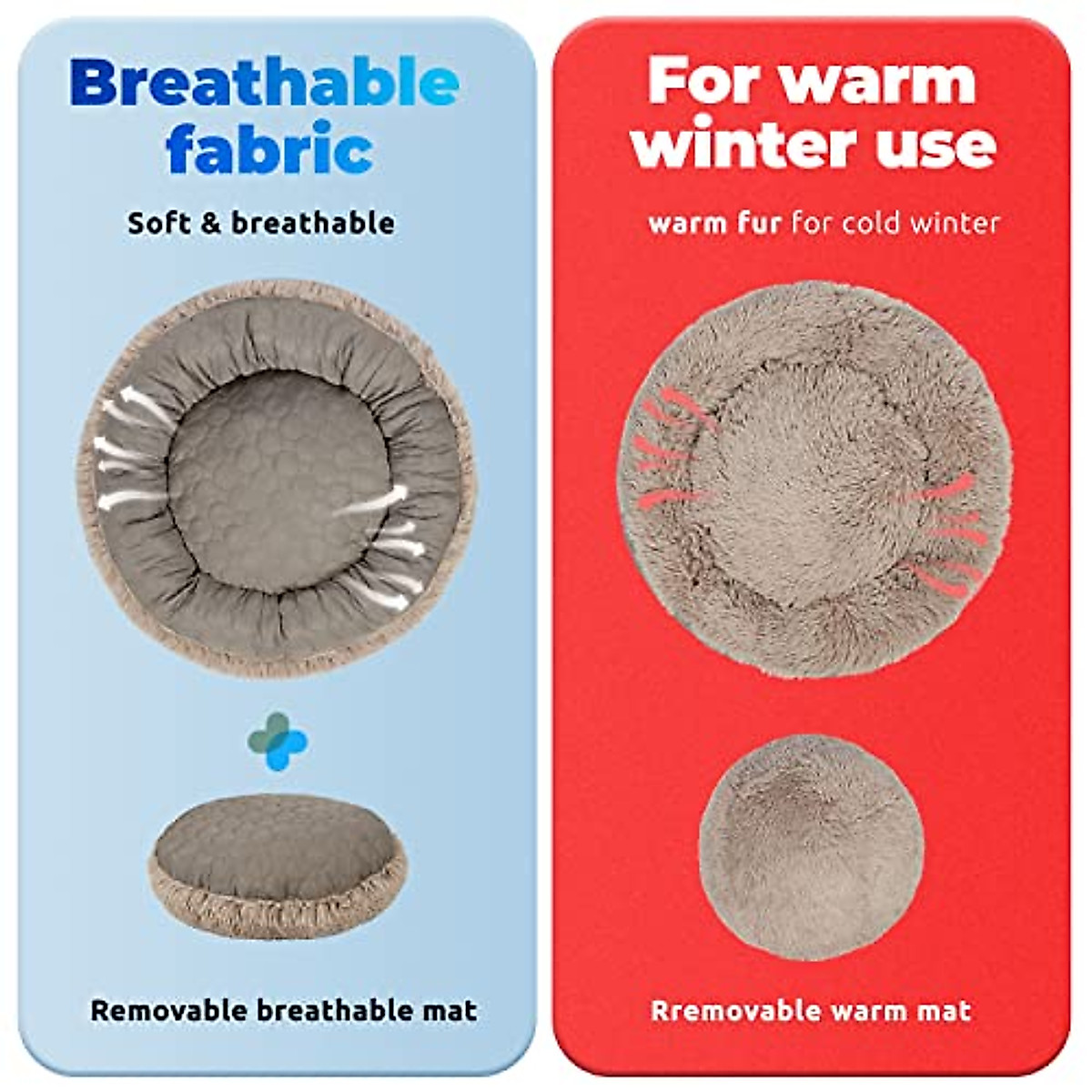 HACHIKITTY Dog Donut Bed Calming Bed Donut Round, Fluffy Dog Bed Medium Large Dogs, Cooling Warming Soft Dog Cushion Bed, Double Sided Available Donut Bed with Warm & Cool Sides(X-Large, Taupe)