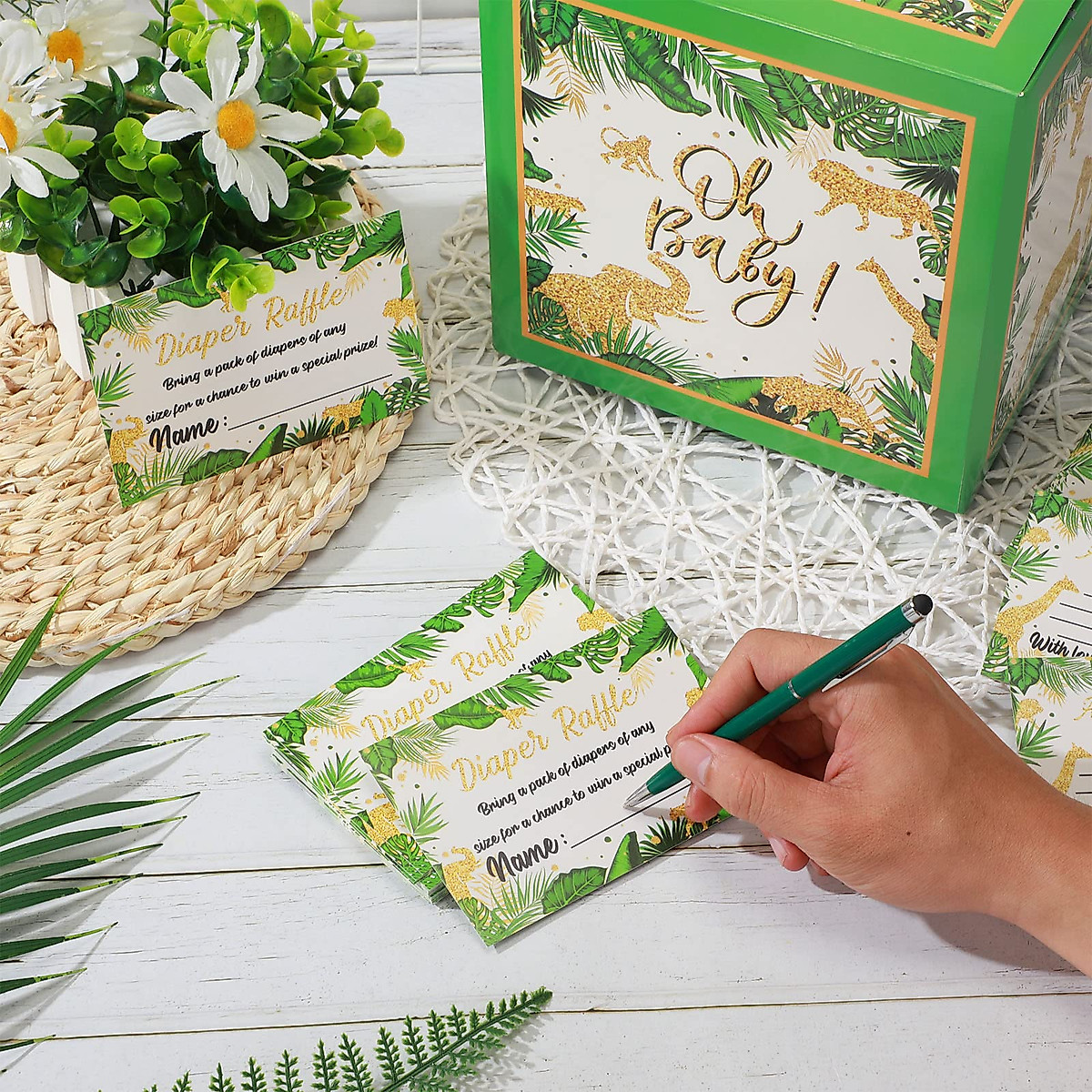 51 Pieces Gold Safari Baby Shower Diaper Raffle Tickets with Baby Shower Card Holder Box and Advice Cards Game Kit for Gold Safari Jungle Zoo Animals Themed Baby Shower Party Decorations Supplies