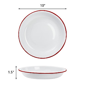 Lawei Set of 4 Enamel Dinner Plates, 10 Inch Round Enameled Camping Plate with Red Rim, Retro Salad Pasta Bowls Enamel Deep Dinner Serving Platter for Dinner, Outdoor, Picnic, BBQ, Butter