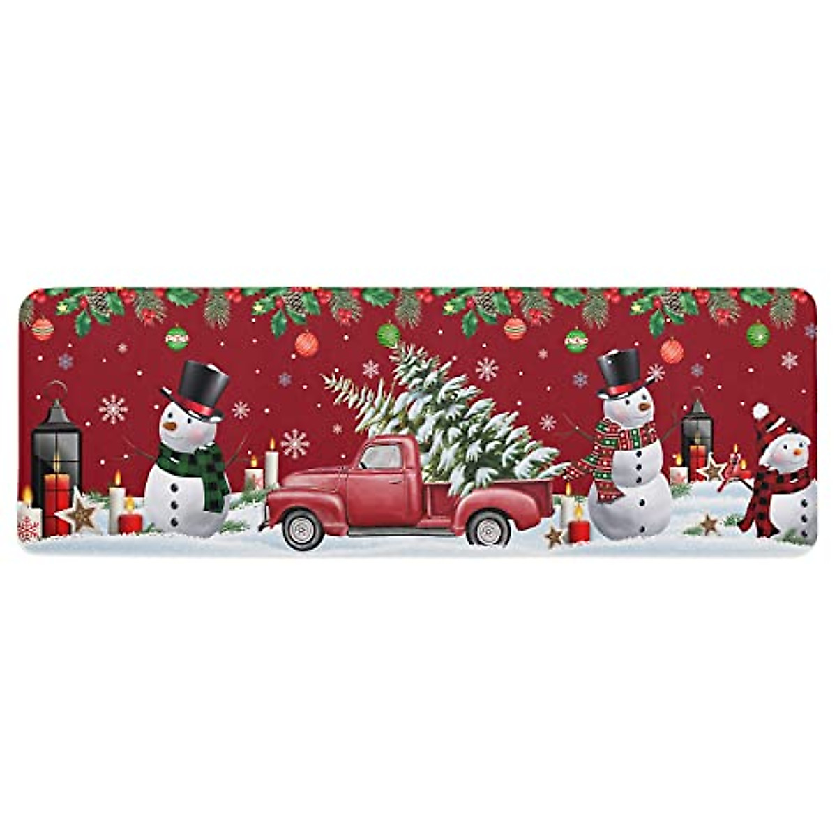 Libaoge Kitchen Mat Rug 1 PCS Christmas Snowman Bird Truck Xmas Tree Red Runner Rug Anti-Fatigue Comfort Memory Foam Standing Mat Non-Slip Floor Door Mat for Bathroom Bedroom 24x71in