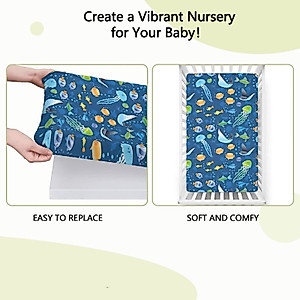 Under The Sea Themed Fitted Mini Crib Sheets,Portable Mini Crib Sheets Soft and Breathable Bed Sheets-Baby Crib Sheets for Girl or Boy,24“ x38“,Dark Sky Blue and Multicolor